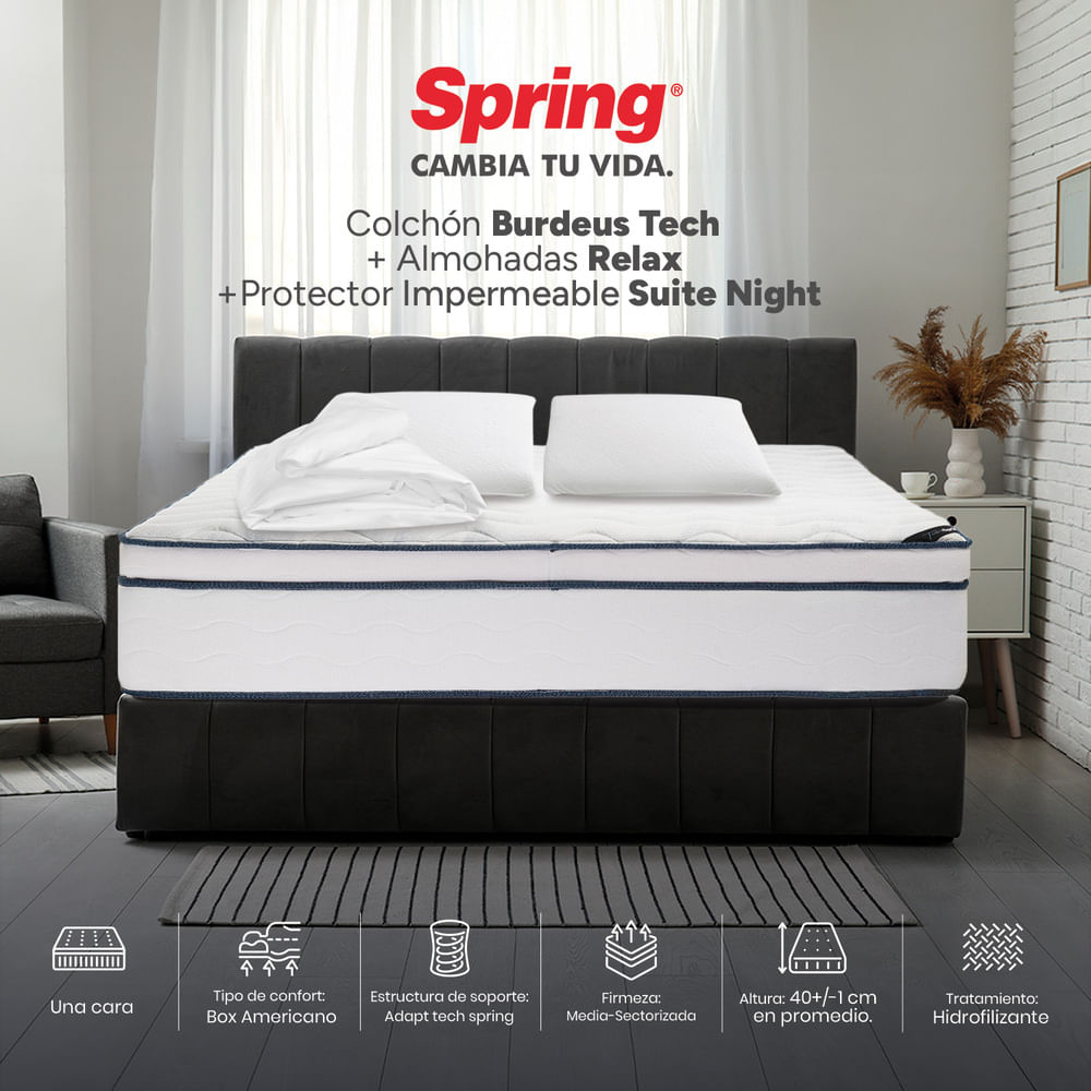 Colchón Spring Burdeos Tech 140 x 190 + Almohadas y Protector - Lagobo
